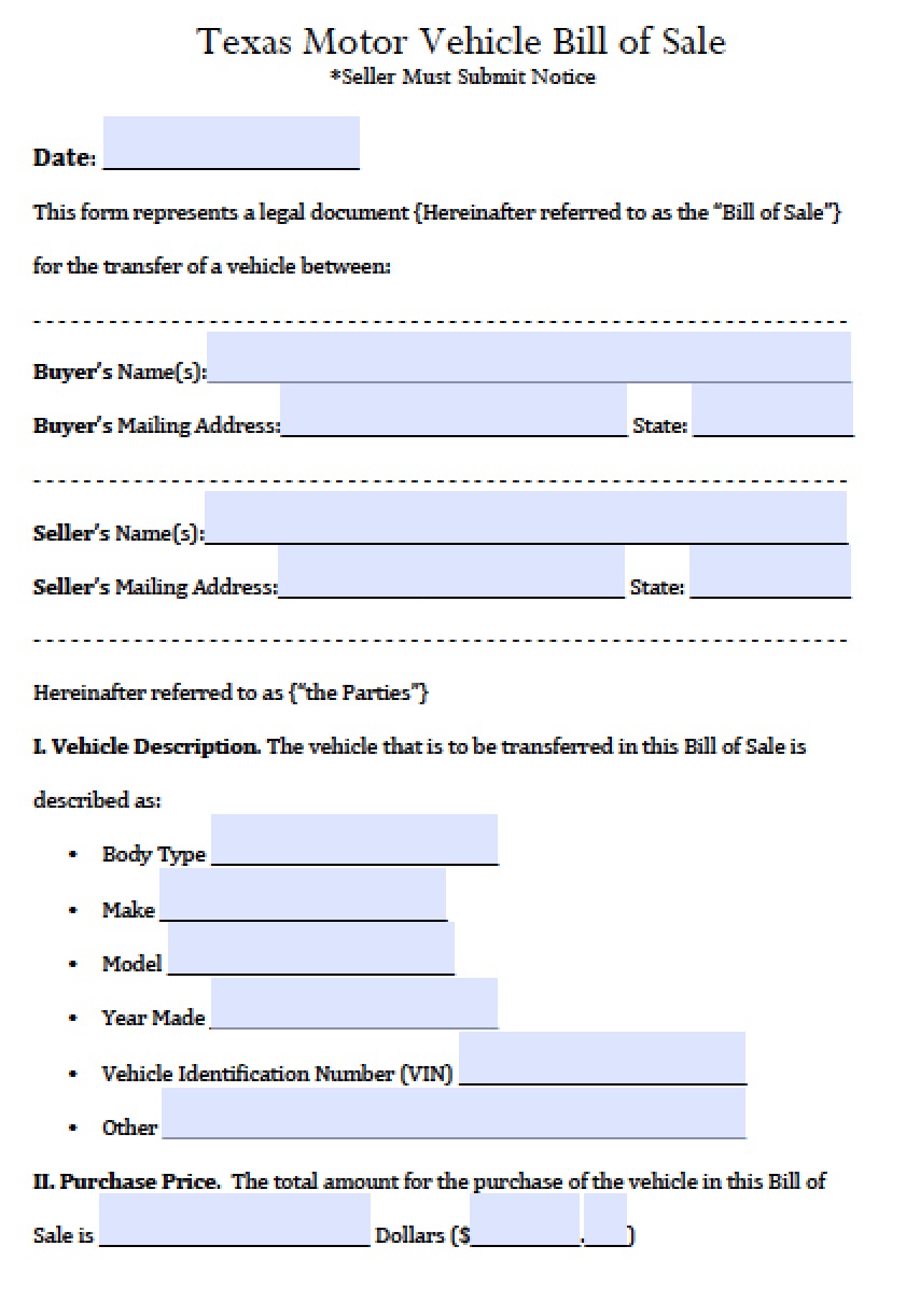 Free Printable Texas Bill Of Sale Form Room Surf