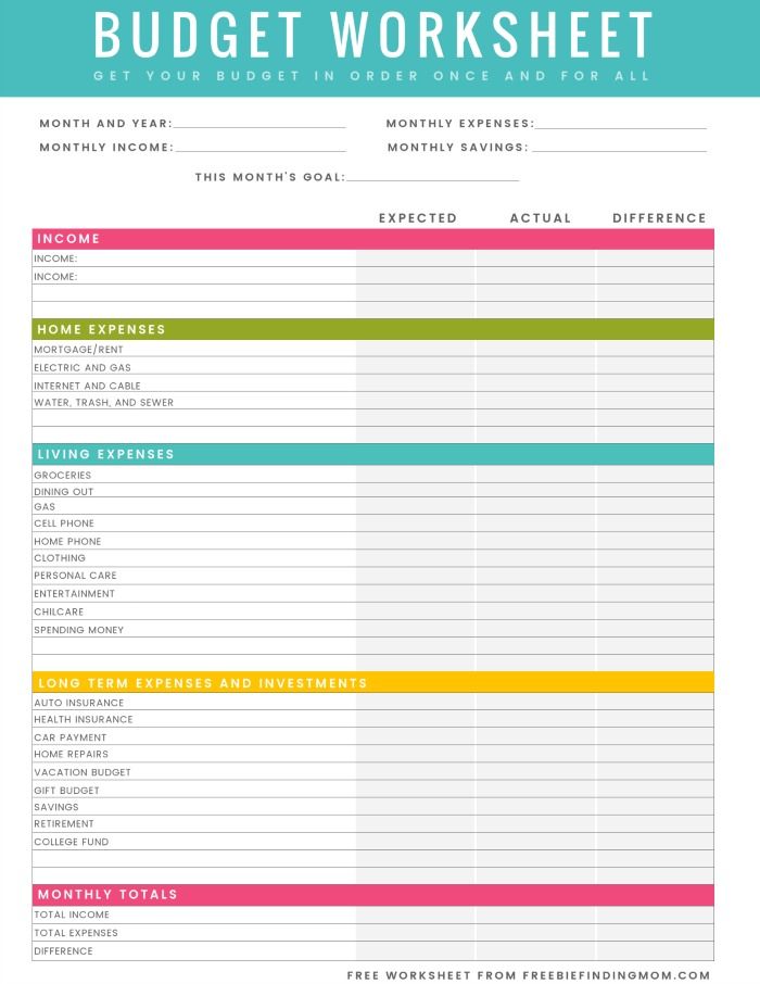 Printable Budget Worksheet Pdf Room Surf