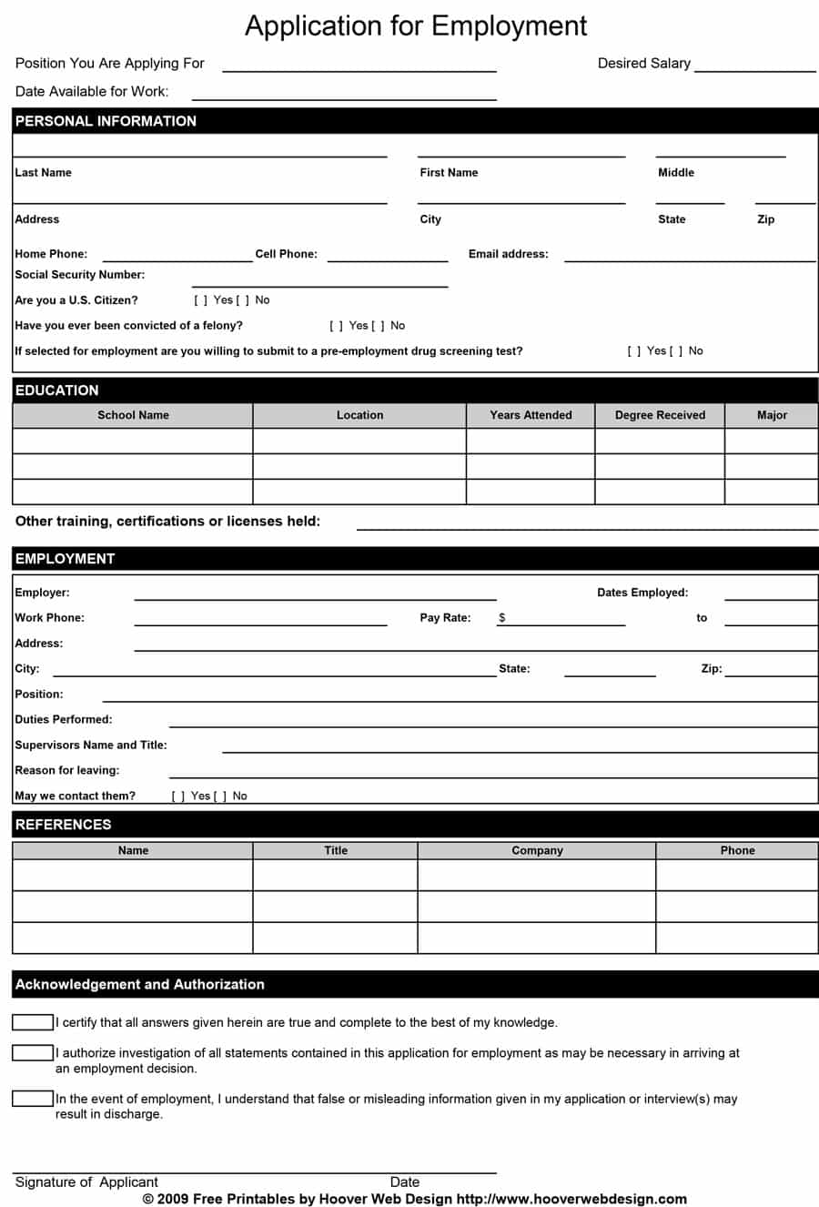 Printable Job Application Forms Room Surf