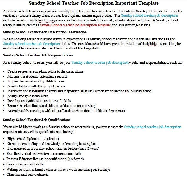 Sunday School Teacher Job Description Important Template Room Surf