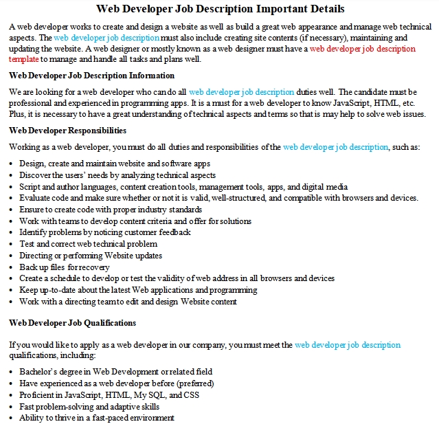 Web Developer Job Description Important Details Room Surf
