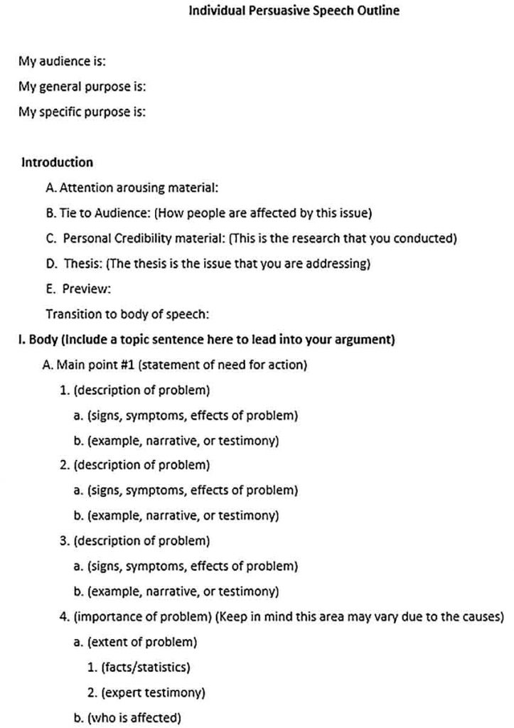 Sample Persuasive Speech Outline Template as a Speech Delivery Aid ...