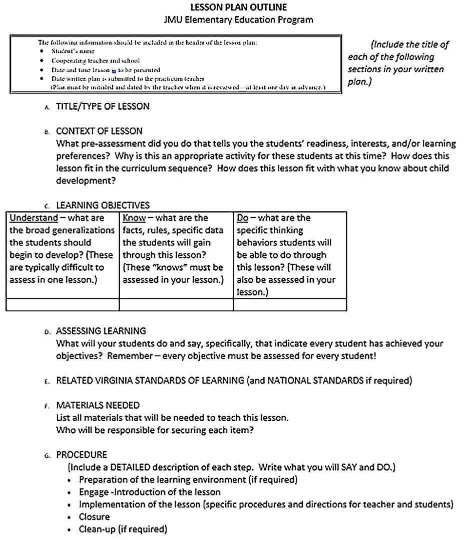 Sample Lesson Plan Outline Template Room Surf