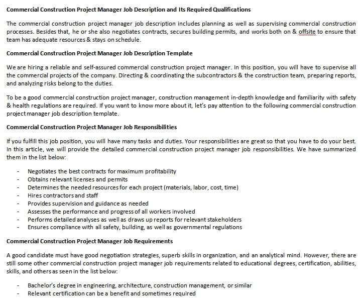 Commercial Construction Project Manager Job Description And Its 