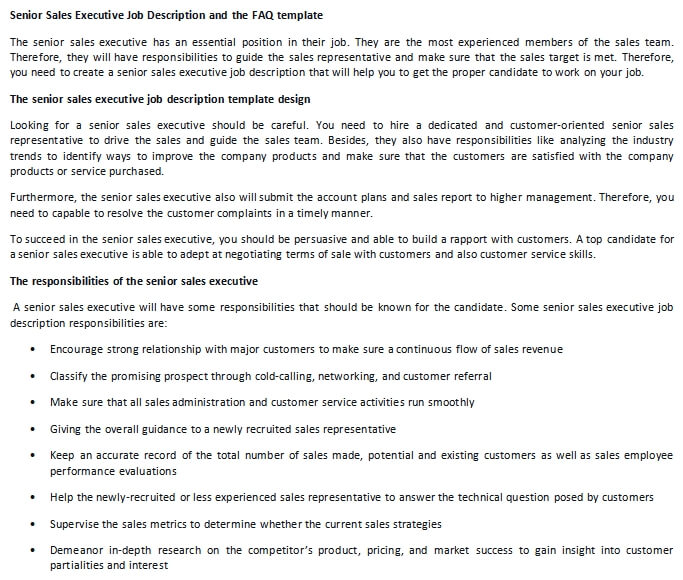 Senior Sales Executive Job Description And The FAQ Template Room Surf