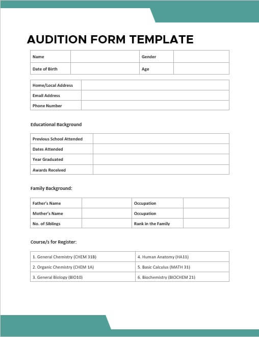 10 Audition Form Template Room Surf