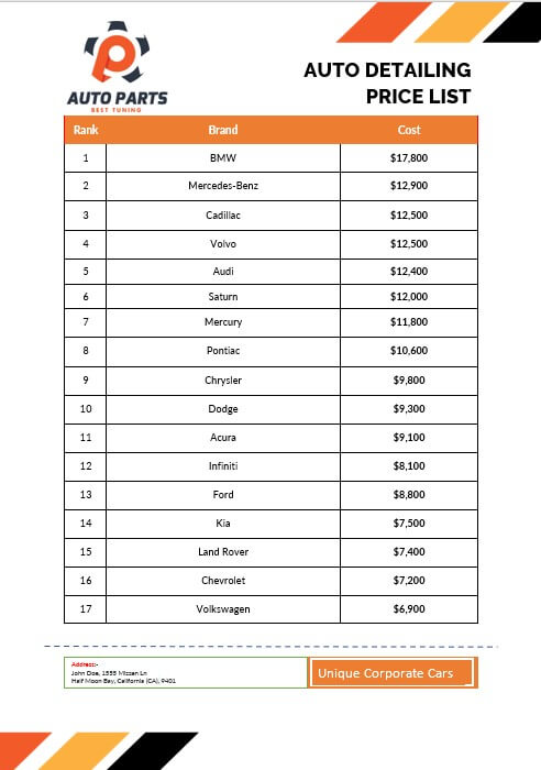 10 Auto Detailing Price List Template Room Surf