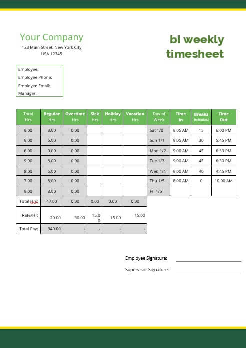 5 Bi Weekly Timesheet Template Room Surf