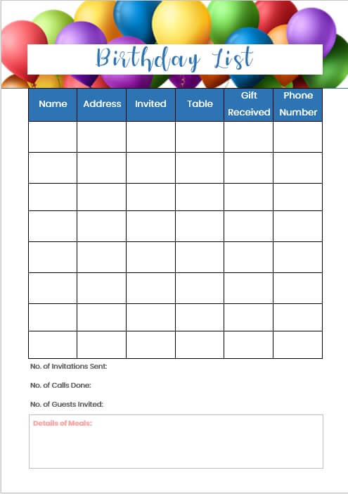 10 Printable Birthday List Template Room Surf