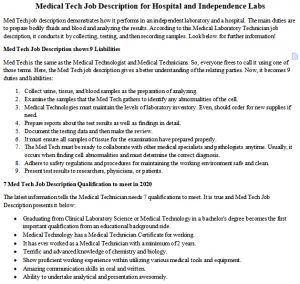 Medical Tech Job Description for Hospital and Independence Labs | room ...