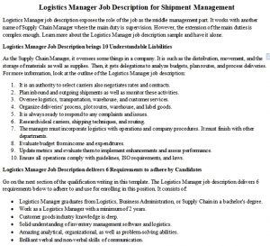 Logistics Manager Job Description for Shipment Management | room surf.com