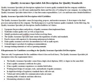 Quality Assurance Specialist Job Description for Quality Standards ...