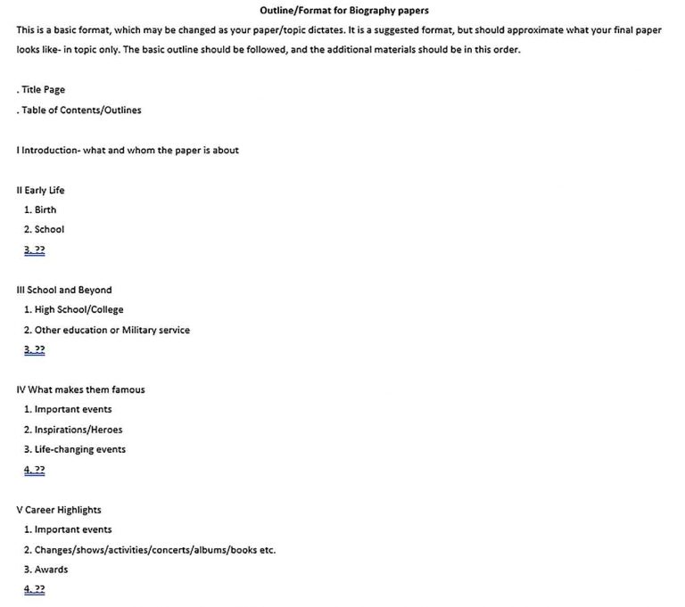 Various Free Sample Biography Outline Documents | room surf.com