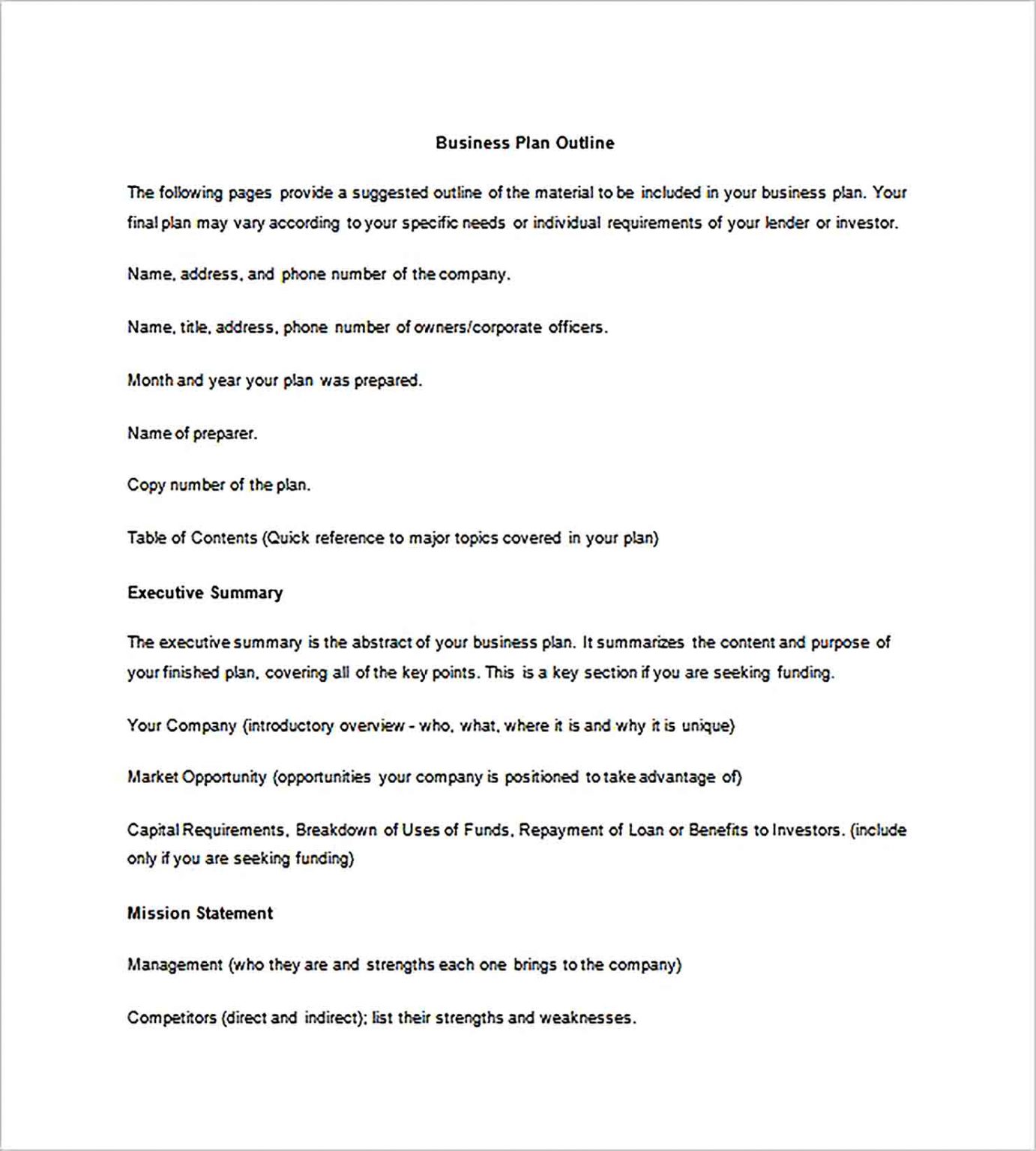 Sample Business Plan Outline Template | room surf.com