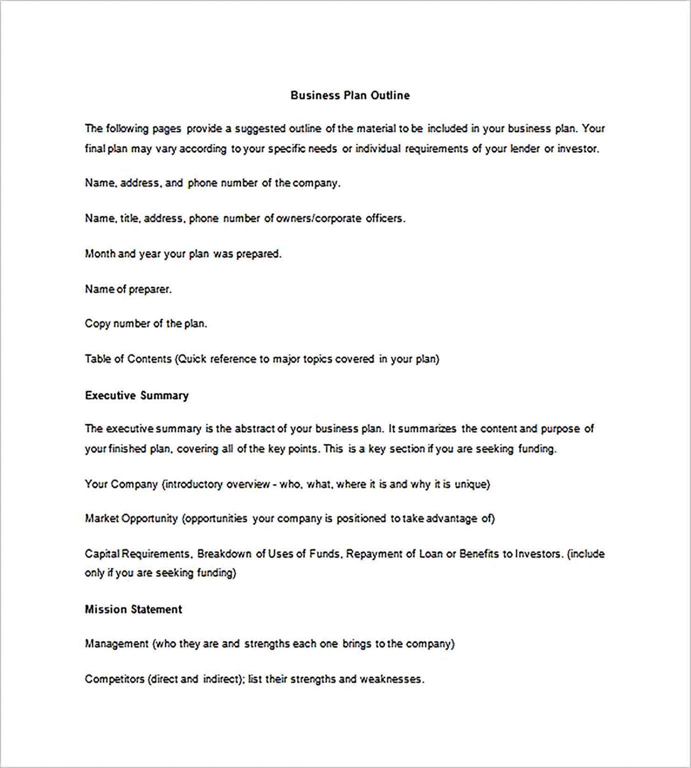 Business Plan Outline Template with the Content and Ideas | room surf.com