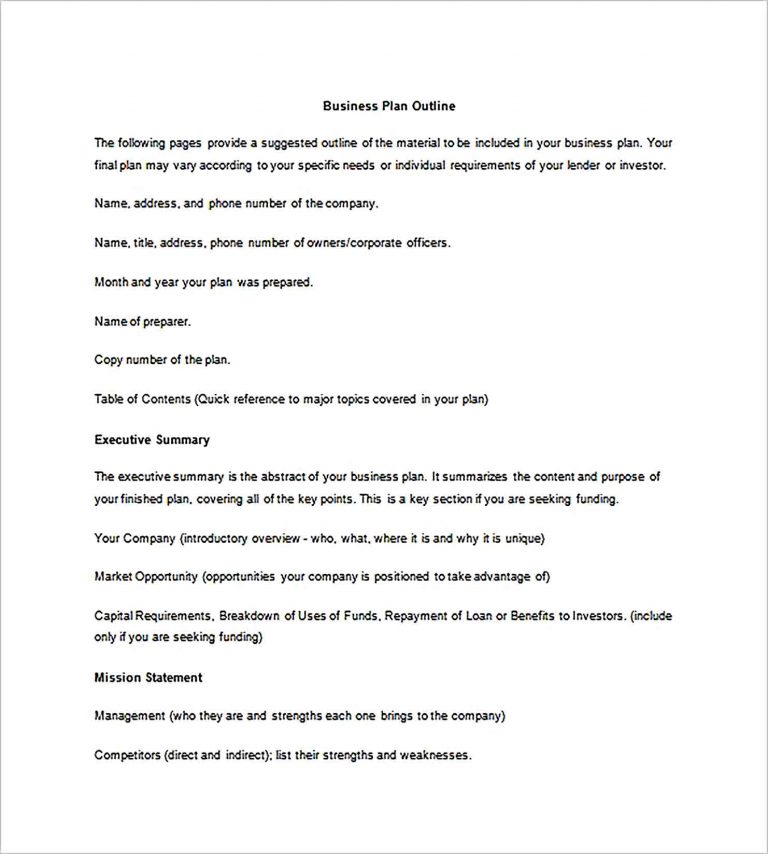 Business Plan Outline Template with the Content and Ideas | room surf.com