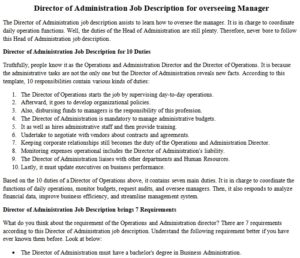 Director of Administration Job Description for overseeing Manager ...