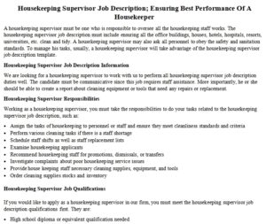Housekeeping Supervisor Job Description; Ensuring Best Performance Of A ...