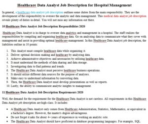 Healthcare Data Analyst Job Description for Hospital Management | room ...