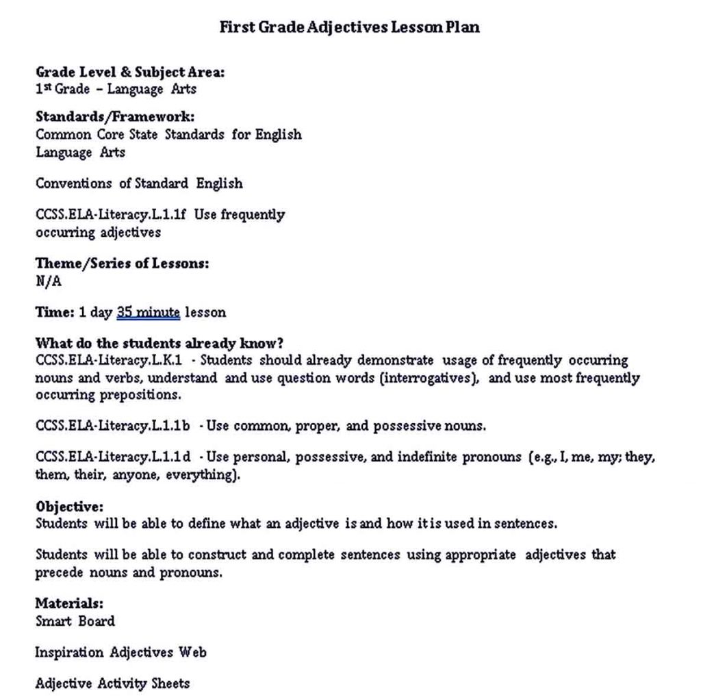 Lesson Plan For 1st Grade Templates | room surf.com