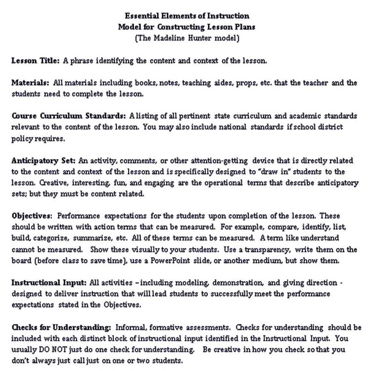 Madeline Hunter Lesson Plan Template | room surf.com
