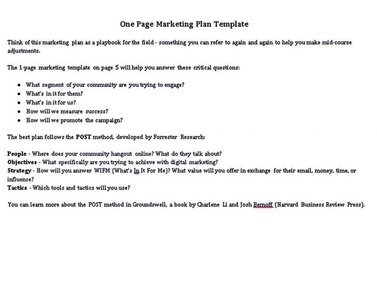 One Page Marketing Plan Template | room surf.com