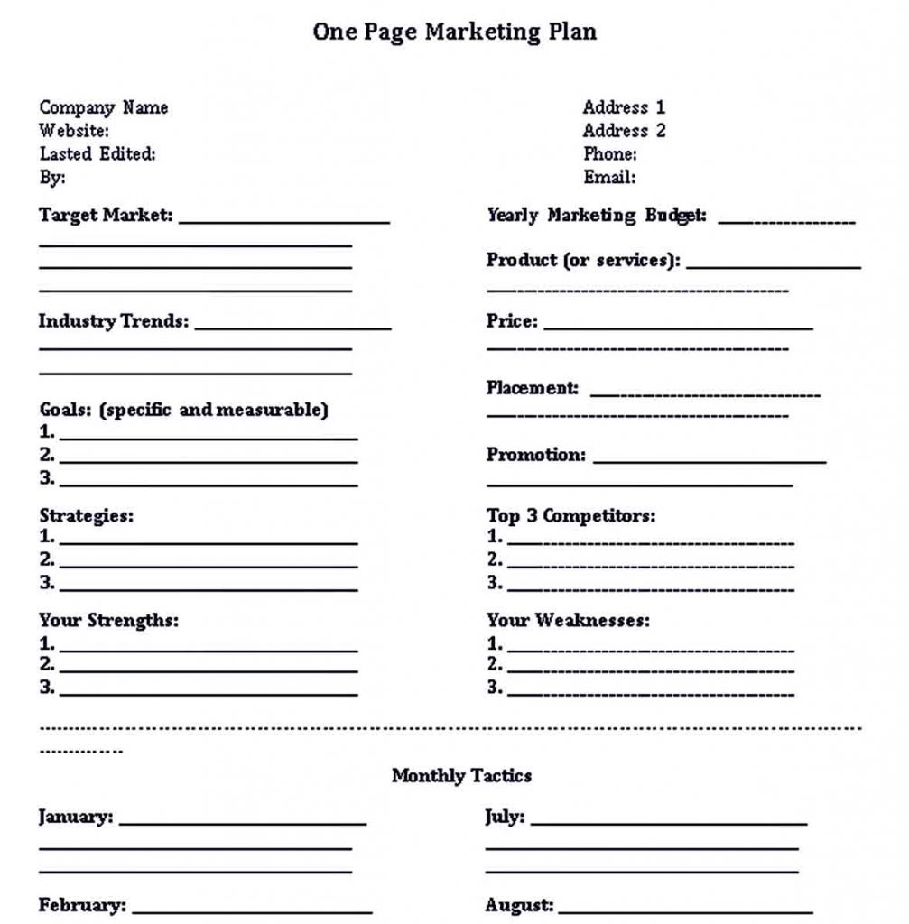 One Page Marketing Plan Template | room surf.com
