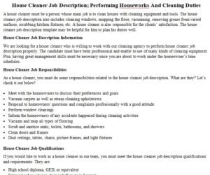 House Cleaner Job Description; Performing Houseworks And Cleaning ...
