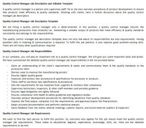 Quality Control Manager Job Description and Editable Template | room ...