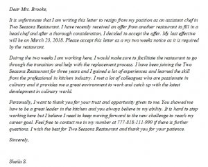 Writing a Restaurant Resignation Letter and Sample | room surf.com