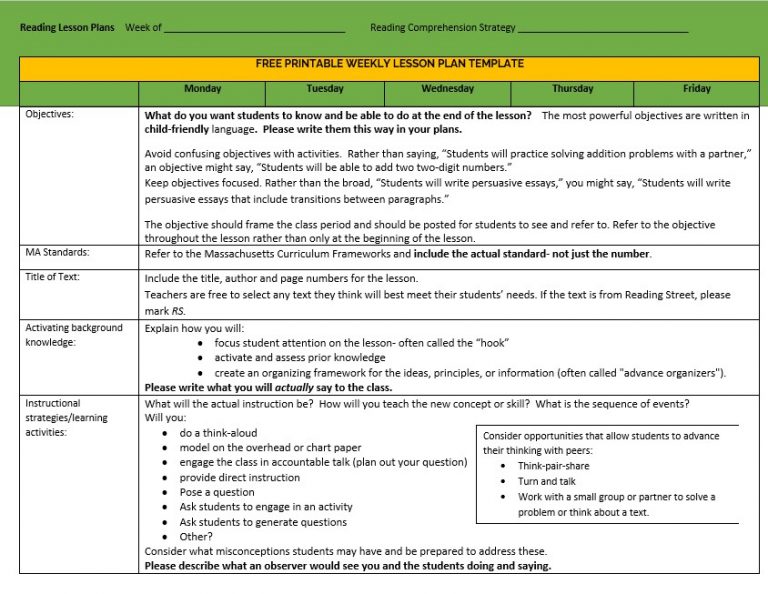 10+ Printable Weekly Lesson Plan Template in Education | room surf.com