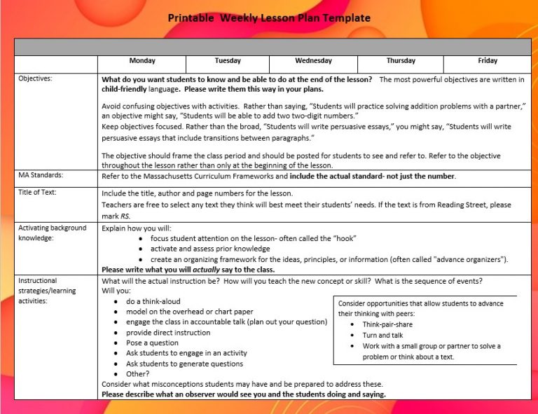 10+ Printable Weekly Lesson Plan Template in Education | room surf.com